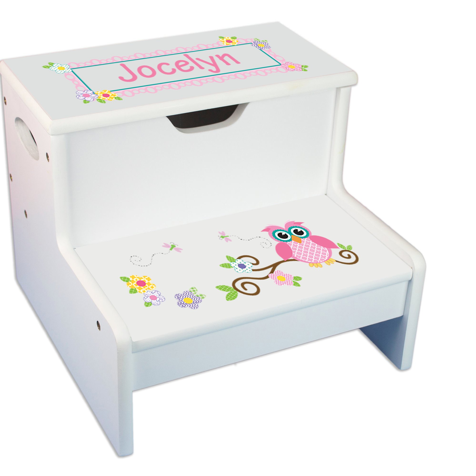 Personalized Pink Owl White Childrens Step Stool with Storage