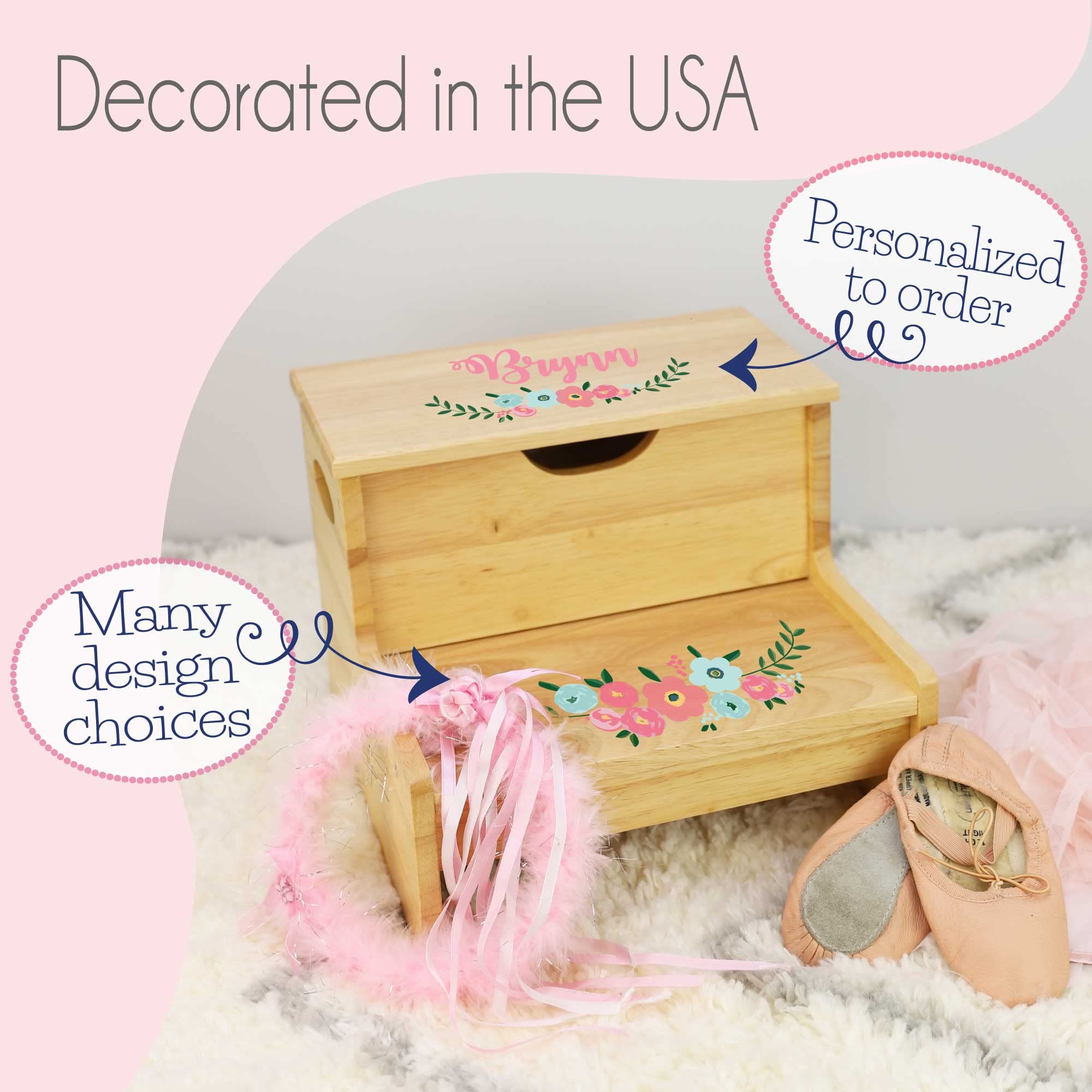 Personalized Pink Owl White Childrens Step Stool with Storage