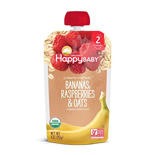 Happy Baby Organics Clearly Crafted Stage 2 Baby Food, Bananas, Raspberries & Oats, 4 Ounce Pouch (Pack of 16) packaging may vary