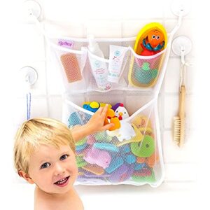 original tub cubby bath toy storage - hanging bath toy holder, with suction & adhesive hooks, 14"x20" mesh net shower caddy for kids bathroom decor, bedroom & car toy organizer - bonus rubber duck & hooks