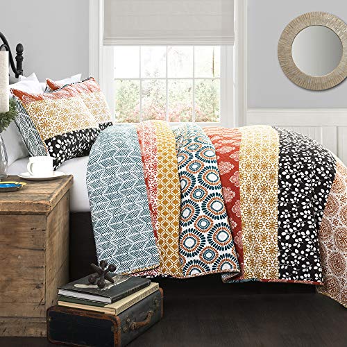 Lush Decor Bohemian Striped Quilt Reversible 3 Piece Colorful Boho Design Bedding Set, King, Turquoise