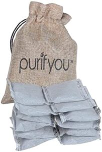 100% natural bamboo charcoal air purifying bag - set of 12 carbon filters, deodorizer bags, odor absorber for diaper pail, trash, shoes, closets, cars, fridge, pets house, kitchen, home by purifyou