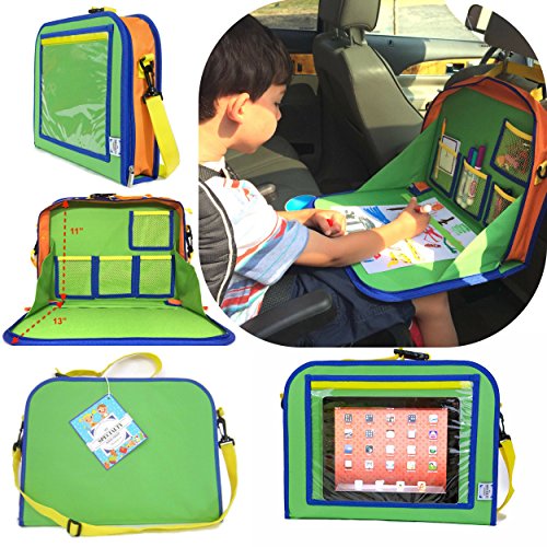 Kids Backseat Travel Tray Organizer Holds Crayons Markers an iPad Kindle or Other Tablet. Great for Road Trips and Travel used as a Lap Tray Writing Surface or as Access to Electronics for Kids Age 3+