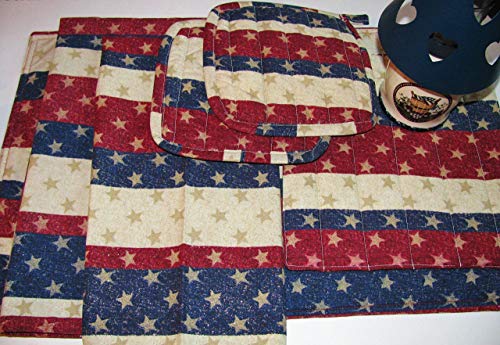 Stars & Stripes Patriotic Tea Towels (Set of 2) Made In USA 28" x 18" Patriotic Red Off-White Blue w/Glitter and Stars 100% Cotton