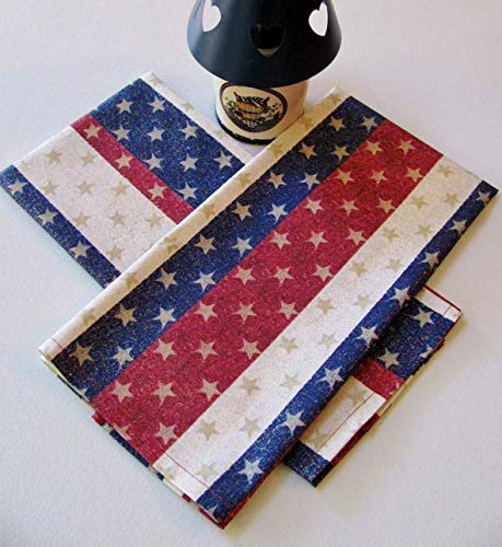 Stars & Stripes Patriotic Tea Towels (Set of 2) Made In USA 28" x 18" Patriotic Red Off-White Blue w/Glitter and Stars 100% Cotton