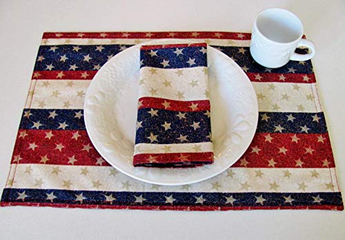 Stars & Stripes Patriotic Tea Towels (Set of 2) Made In USA 28" x 18" Patriotic Red Off-White Blue w/Glitter and Stars 100% Cotton