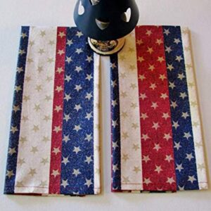 Stars & Stripes Patriotic Tea Towels (Set of 2) Made In USA 28" x 18" Patriotic Red Off-White Blue w/Glitter and Stars 100% Cotton