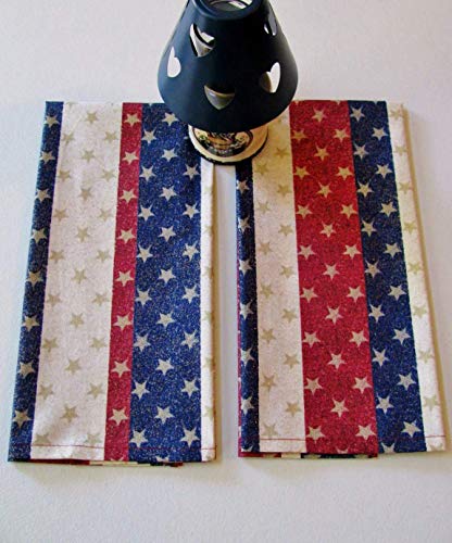 Stars & Stripes Patriotic Tea Towels (Set of 2) Made In USA 28" x 18" Patriotic Red Off-White Blue w/Glitter and Stars 100% Cotton