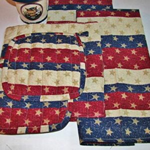 Stars & Stripes Patriotic Kitchen Linens Set (5 Pieces Total) 2 Tea Towels 2 Pot Holders 1 Hotpad Made In USA Patriotic Red Off-White Blue Stars Glitter 100% Cotton Custom Made-To-Order