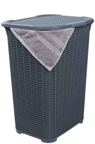 Wicker Laundry Hamper With Lid 50 Liter - Grey Laundry Basket 1.40 Bushel Durable Bin With Cutout Handles - Easy Storage Dirty Cloths in Washroom Bathroom, Or Bedroom. By Superio