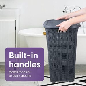 Wicker Laundry Hamper With Lid 50 Liter - Grey Laundry Basket 1.40 Bushel Durable Bin With Cutout Handles - Easy Storage Dirty Cloths in Washroom Bathroom, Or Bedroom. By Superio