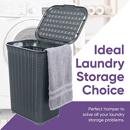 Wicker Laundry Hamper With Lid 50 Liter - Grey Laundry Basket 1.40 Bushel Durable Bin With Cutout Handles - Easy Storage Dirty Cloths in Washroom Bathroom, Or Bedroom. By Superio