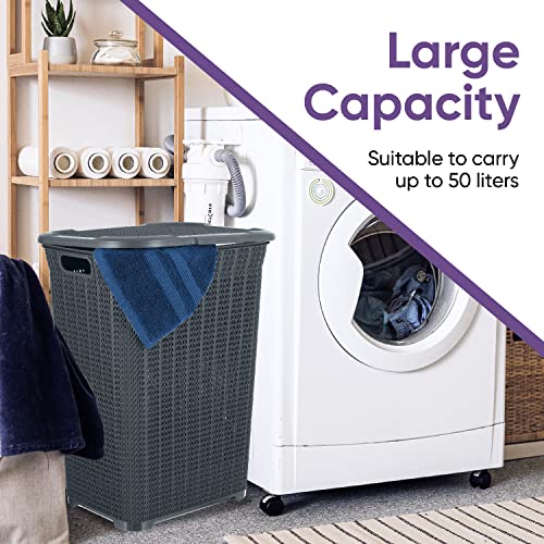 Wicker Laundry Hamper With Lid 50 Liter - Grey Laundry Basket 1.40 Bushel Durable Bin With Cutout Handles - Easy Storage Dirty Cloths in Washroom Bathroom, Or Bedroom. By Superio