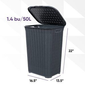 Wicker Laundry Hamper With Lid 50 Liter - Grey Laundry Basket 1.40 Bushel Durable Bin With Cutout Handles - Easy Storage Dirty Cloths in Washroom Bathroom, Or Bedroom. By Superio