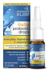 mommy's bliss baby probiotic drops + vitamin d, supports digestive health and immunity, 400iu vitamin d for healthy bone development, newborns +, flavorless, 0.34 fl oz (30 servings)