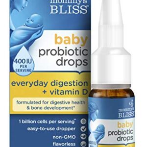 Mommy's Bliss Baby Probiotic Drops + Vitamin D, Supports Digestive Health and Immunity, 400IU Vitamin D for Healthy Bone Development, Newborns +, Flavorless, 0.34 Fl Oz (30 Servings)