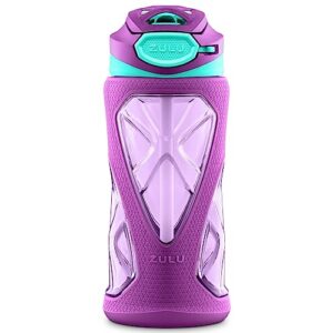 zulu torque 16oz plastic kids water bottle with silicone sleeve and leak-proof locking flip lid and soft touch carry loop for school backpack, lunchbox, outdoor sports, dishwasher safe, purple