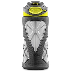 zulu torque 16oz plastic kids water bottle with silicone sleeve and leak-proof locking flip lid and carry loop for school backpack, lunchbox, outdoor sports, bpa-free dishwasher safe, grey/ green