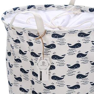 Sea Team 19.7" x 15.7" Large Sized Folding Cylindric Waterproof Coating Canvas Fabric Laundry Hamper Storage Basket with Drawstring Cover, Whale