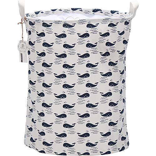 Sea Team 19.7" x 15.7" Large Sized Folding Cylindric Waterproof Coating Canvas Fabric Laundry Hamper Storage Basket with Drawstring Cover, Whale