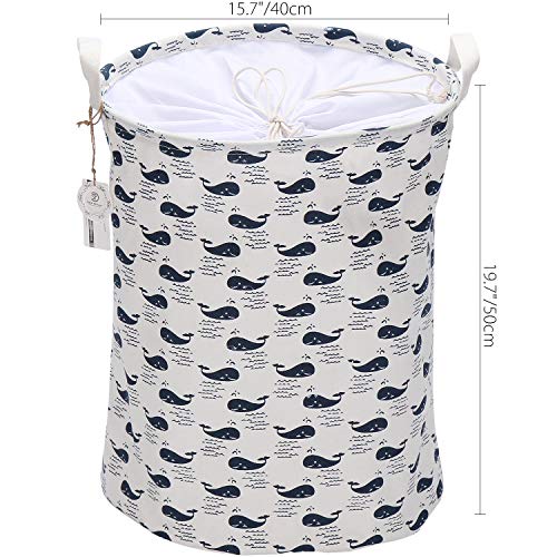 Sea Team 19.7" x 15.7" Large Sized Folding Cylindric Waterproof Coating Canvas Fabric Laundry Hamper Storage Basket with Drawstring Cover, Whale