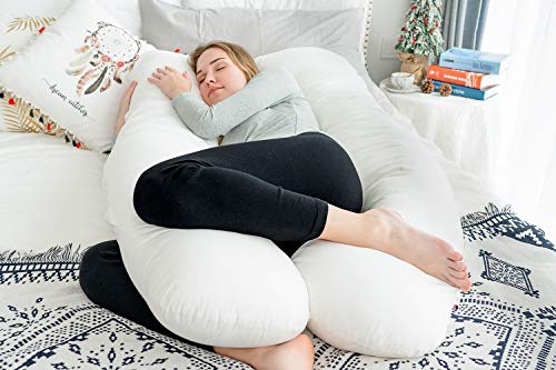 Meiz Premium U Shape Comfortable Pregnancy Pillow Maternity Pillow for Side Sleeping for Growing Tummy Support,Plus 100% Cotton Zipper Removable Cover(White)