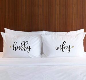 pillowcases wedding gift - hubby wifey pillowcase set soft cotton bedding bedroom decor gold glitter gift for bride at bridal shower or anniversary for him or her