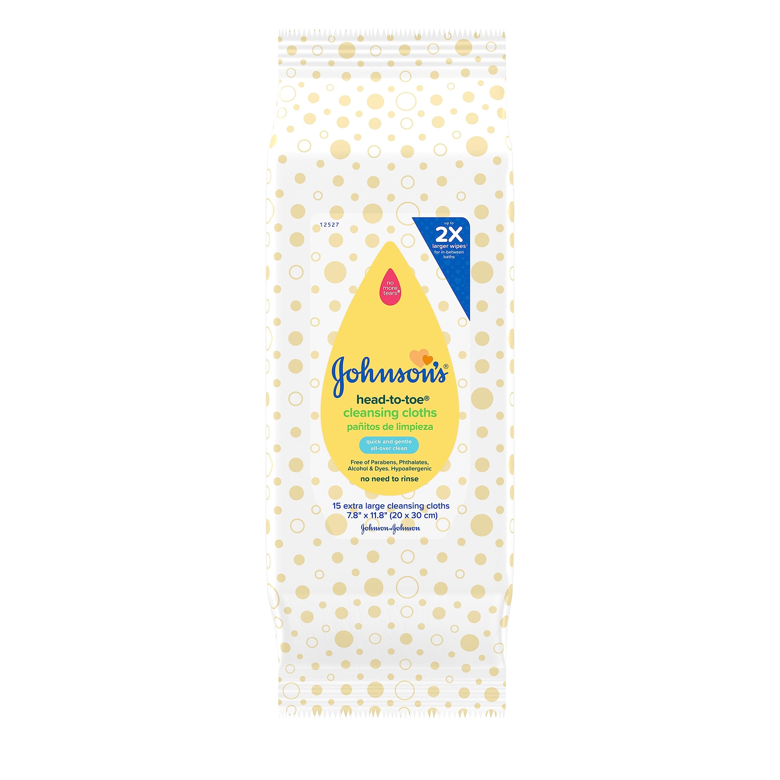 Johnson's Head-to-Toe Gentle Baby Cleansing Cloths, Hypoallergenic and Pre-Moistened Baby Bath Wipes, Free of Parabens, Phthalates, Alcohol, Dyes and Soap, 15 ct