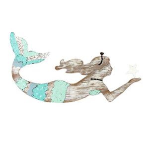 beachcombers tricolor mermaid sea life coastal tropical beach house aqua natural distressed wall hanging decor plaque l18.5 x h8 x 0.25 teal