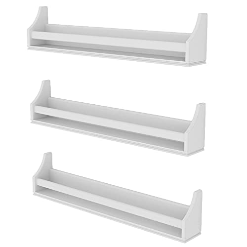 Nursery Décor Wall Shelves – 3 Shelf Set – White Long Crown Molding Floating Bookshelves for Baby & Kids Room, Book Organizer Storage Ledge, Display Holder for Toys, CDs, Baby Monitor