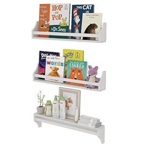 Nursery Décor Wall Shelves – 3 Shelf Set – White Long Crown Molding Floating Bookshelves for Baby & Kids Room, Book Organizer Storage Ledge, Display Holder for Toys, CDs, Baby Monitor