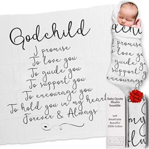 ocean drop 100% cotton muslin swaddle baby blanket – ‘godchild’ quote with gift box for baptism, christening gift, godson, goddaughter, neutral, baby shower – super soft, breathable, large 47x47”