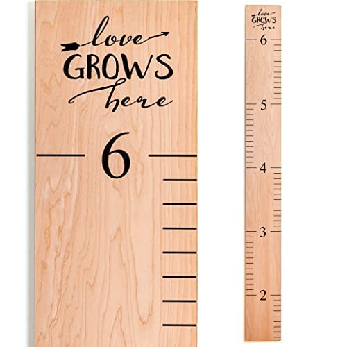 Headwaters Studio Wooden Ruler Growth Chart for Kids, Boys & Girls - Height Chart & Height Measurement for Wall - Kids Nursery Wall Decor & Room Hanging Wall Decor - Love Grows Here - Gray