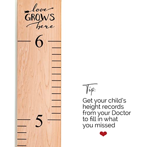 Headwaters Studio Wooden Ruler Growth Chart for Kids, Boys & Girls - Height Chart & Height Measurement for Wall - Kids Nursery Wall Decor & Room Hanging Wall Decor - Love Grows Here - Gray