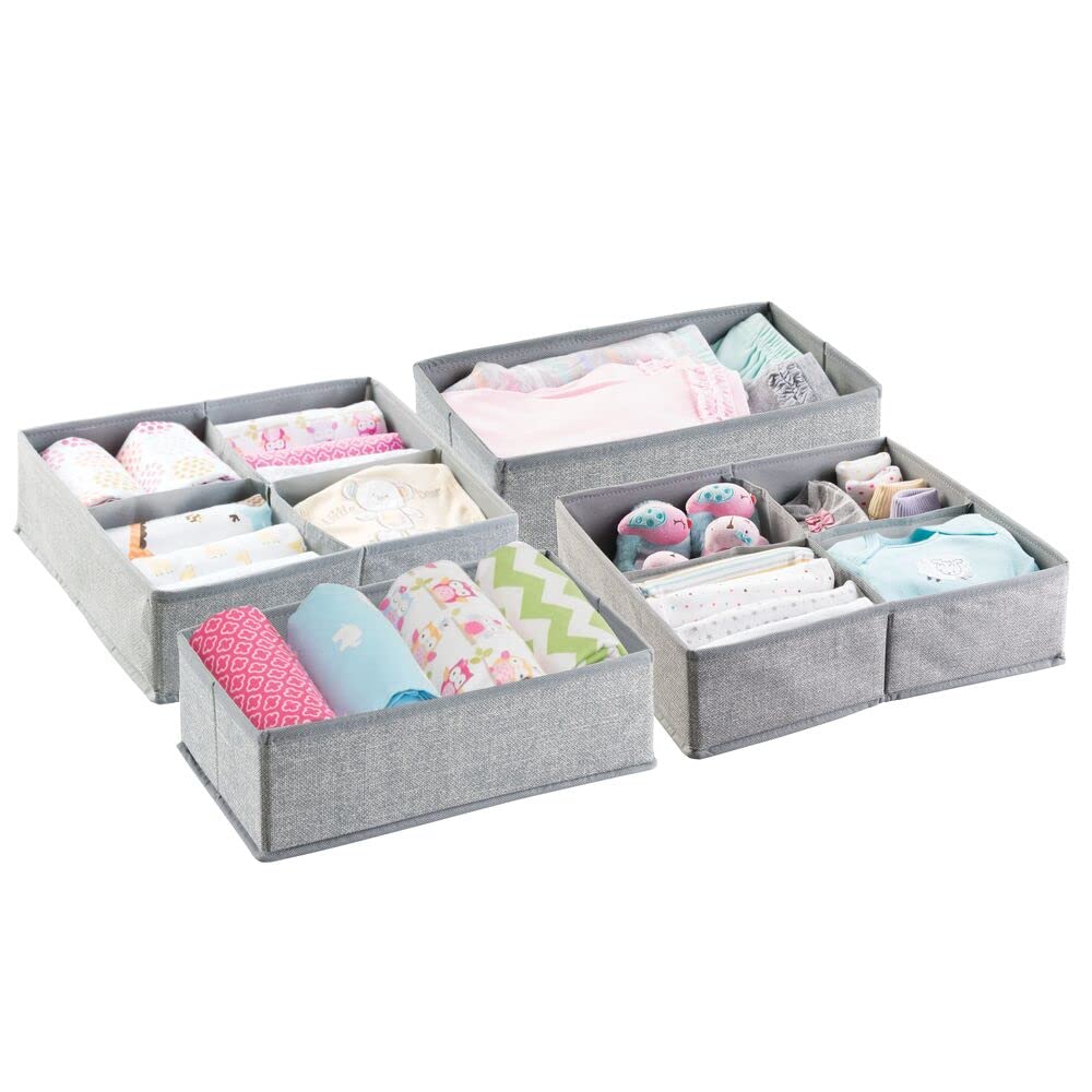 mDesign Soft Fabric Dresser Drawer and Closet Storage Organizer Set for Child/Kids Room, Nursery, Playroom - 4 Pieces, 10 Compartments, Set of 2 - Textured Print - Gray