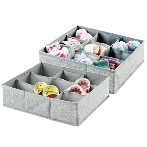 mDesign Soft Fabric 9 Section Dresser Drawer and Closet Storage Organizer for Child/Kids Room, Nursery, Playroom - Divided Large Organizer Bin - Textured Print with Solid Trim, 2 Pack - Gray