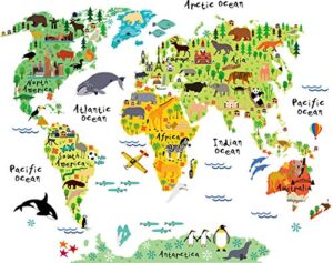 homeevolution large kids educational animal landmarks world map peel & stick wall decals stickers home decor art for nursery