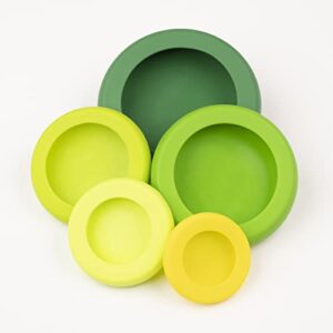 Food Huggers 5pc Reusable Silicone Food Savers | BPA Free & Dishwasher Safe | Fruit & Vegetable Produce Storage for Onion, Tomato, Lemon, Banana, Cans & More | Round, Fresh Greens