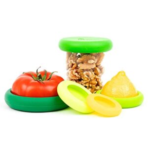 Food Huggers 5pc Reusable Silicone Food Savers | BPA Free & Dishwasher Safe | Fruit & Vegetable Produce Storage for Onion, Tomato, Lemon, Banana, Cans & More | Round, Fresh Greens