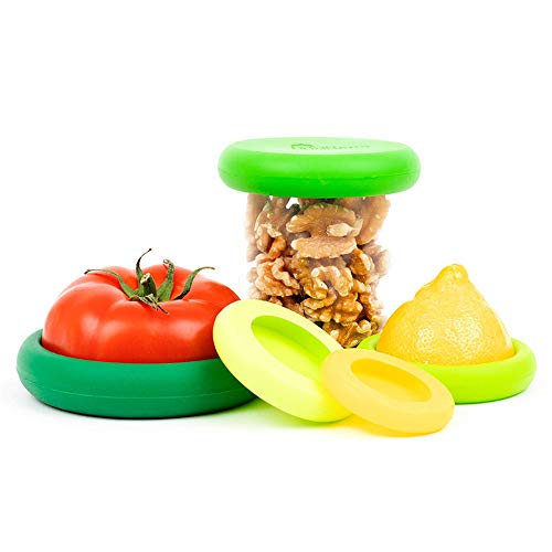 Food Huggers 5pc Reusable Silicone Food Savers | BPA Free & Dishwasher Safe | Fruit & Vegetable Produce Storage for Onion, Tomato, Lemon, Banana, Cans & More | Round, Fresh Greens