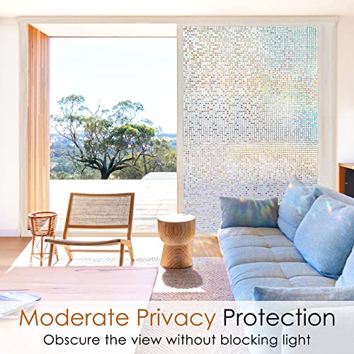 rabbitgoo Window Privacy Film Stained Glass Window Film Mosaic Static Cling Decorative Window Vinyl, Removable Rainbow Window Tint, Non-Adhesive UV Blocking for Home Office, 17.5 x 78.7 inches