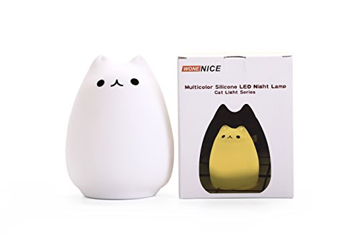 WoneNice Portable Cute Kitty Silicone Night Lamp,USB Rechargeable Children Night Light with Warm White & 7-Color Breathing Modes, Touch Sensor Control, Gift for Women Teen Girls Kids Toddler Baby