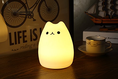 WoneNice Portable Cute Kitty Silicone Night Lamp,USB Rechargeable Children Night Light with Warm White & 7-Color Breathing Modes, Touch Sensor Control, Gift for Women Teen Girls Kids Toddler Baby