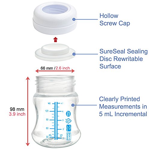 Maymom Wide-Mouth Milk Storage Collection Bottle with SureSeal Sealing Disk; Compatible with Spectra/Motif Luna/Ameda MYA/Bellababy Pumps. Can Replace Spectra S1 S2 Bottles, 6 pc (4.7Oz/140mL, 6pc)