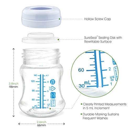 Maymom Wide-Mouth Milk Storage Collection Bottle with SureSeal Sealing Disk; Compatible with Spectra/Motif Luna/Ameda MYA/Bellababy Pumps. Can Replace Spectra S1 S2 Bottles, 6 pc (4.7Oz/140mL, 6pc)