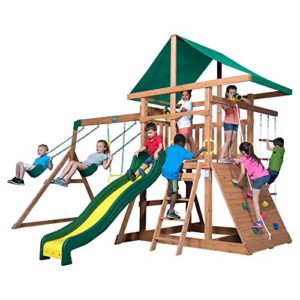 backyard discovery mount mckinley all cedar wood swing set, playground for all kids age 3-10, rock wall, wave slide, fort, double rock climber and rope