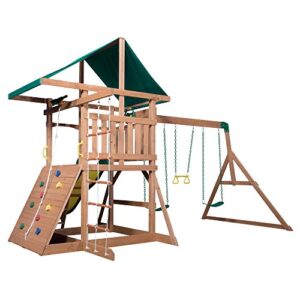 Backyard Discovery Mount McKinley All Cedar Wood Swing Set, Playground for All Kids Age 3-10, Rock Wall, Wave Slide, Fort, Double Rock Climber and Rope