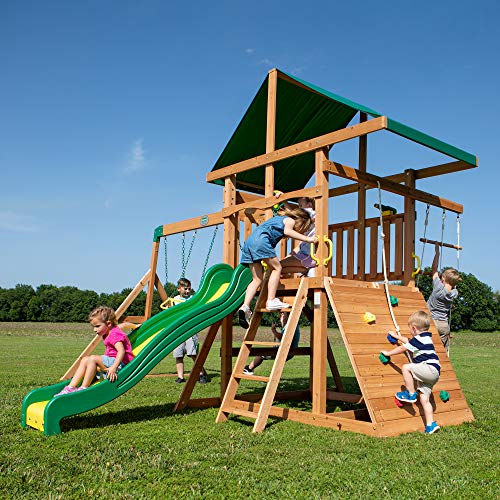 Backyard Discovery Mount McKinley All Cedar Wood Swing Set, Playground for All Kids Age 3-10, Rock Wall, Wave Slide, Fort, Double Rock Climber and Rope