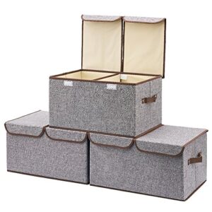 ezoware large storage boxes [3-pack] large linen fabric foldable storage cubes bin box containers with lid and handles for nursery, closet, kids room, toys, baby products (gray)