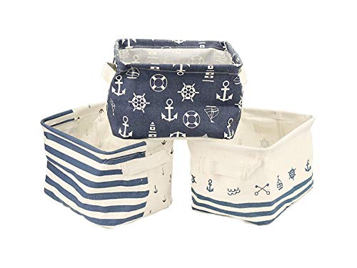 Orino Waterproof Nursery Nautical Fabric Small Storage Baskets Beach Anchor Theme Collapsible Portable Storage Bins with Handle for Cloth, Toys, Books, Sundries, Set of 3